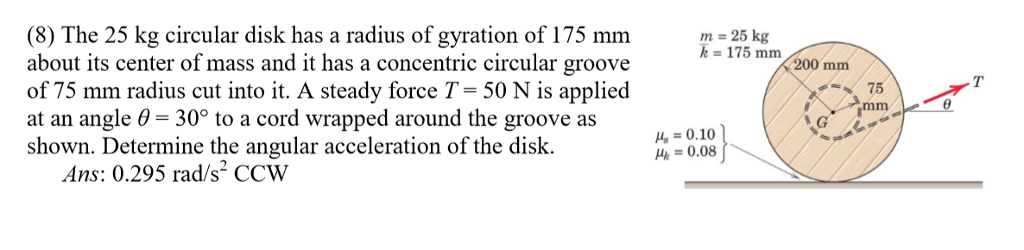 Solved (8) The 25 kg circular disk has a radius of gyration | Chegg.com