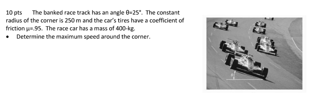 Solved 10 pts The banked race track has an angle θ=25°. The | Chegg.com
