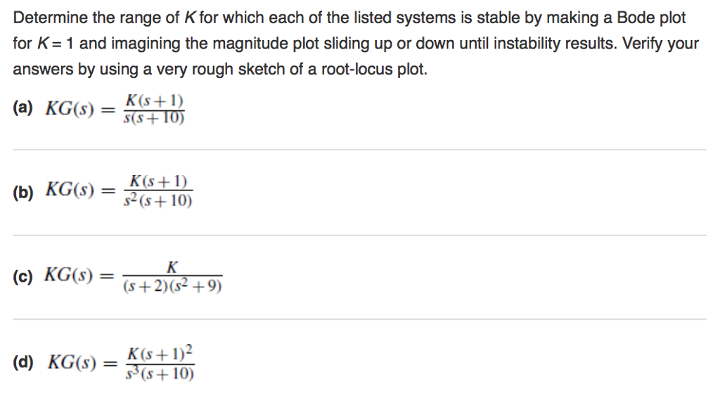 Solved Determine the range of K for which each of the listed | Chegg.com