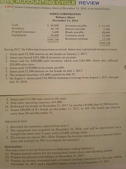 Solved ACCOUNTING CYCLE REVIEW ACR1O Aimes Corporation's | Chegg.com