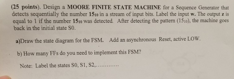 Solved (25 points). Design a MOORE FINITE STATE MACHINE for | Chegg.com