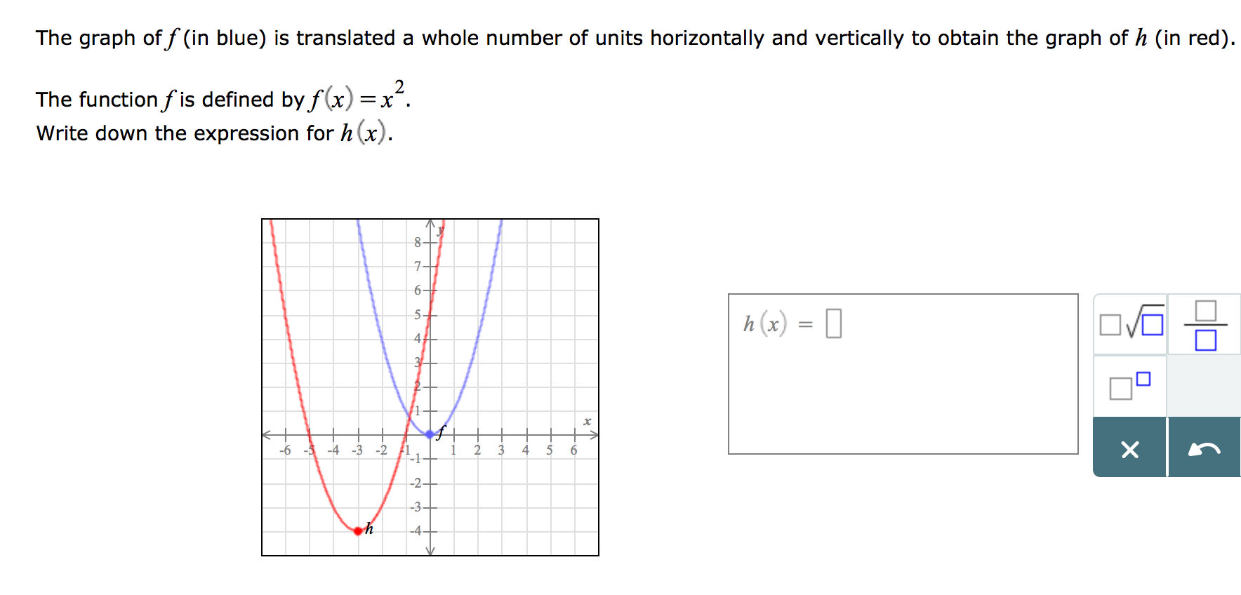 Solved The graph of f(in blue) is translated a whole number | Chegg.com