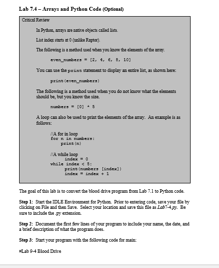 Solved Lab 74 Arrays And Python Code Optional Critical 6162