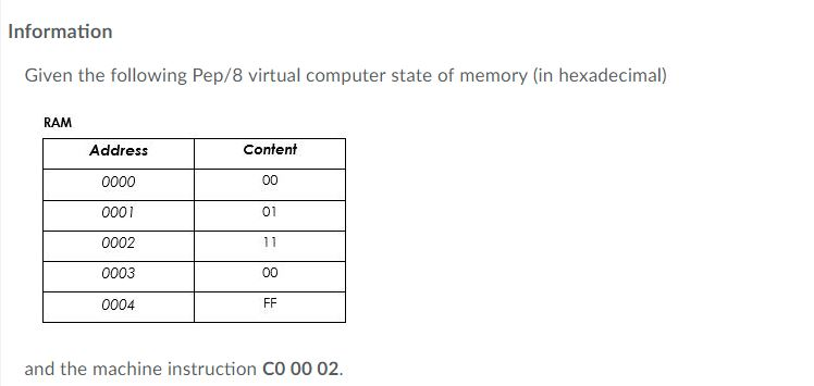 Solved Information Given the following Pep/8 virtual | Chegg.com