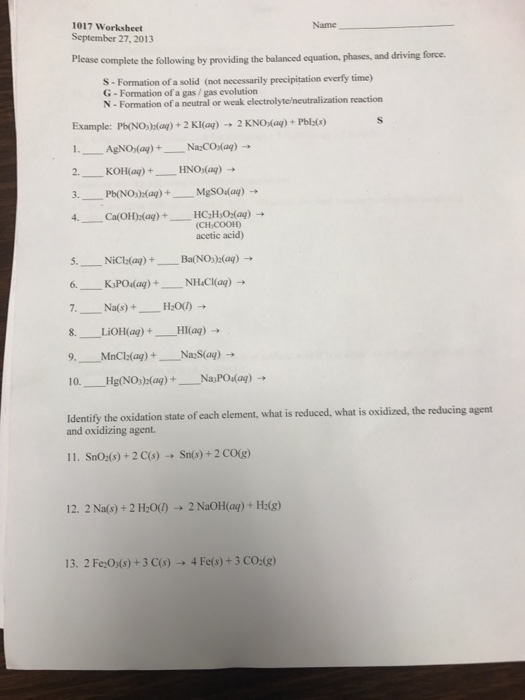 Solved Complete the following by providing the balanced | Chegg.com