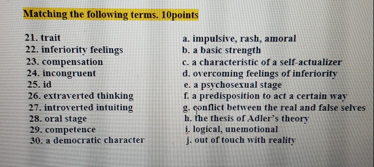 Solved Matching the following terms. 10points 21. trait 22. | Chegg.com