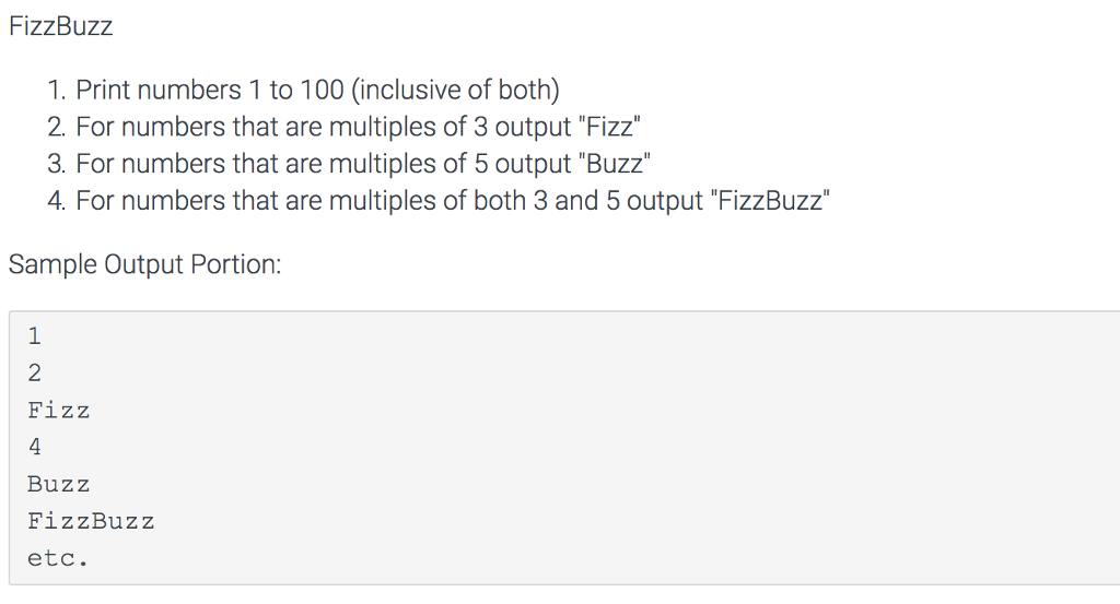 Solved FizzBuzz 1. Print numbers 1 to 100 (inclusive of | Chegg.com