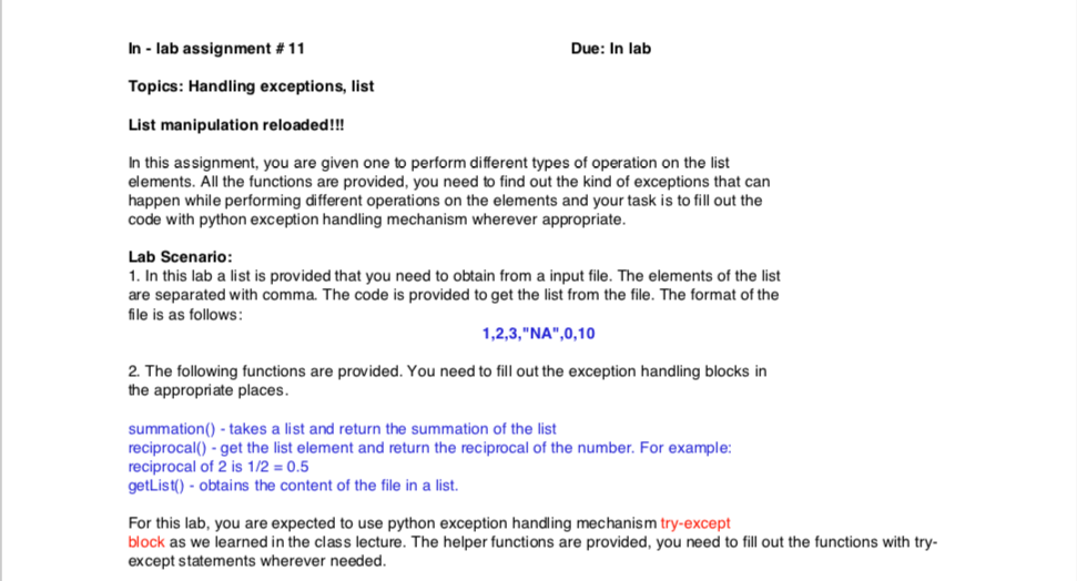 In Lab Assignment 11 Topics Handling Exceptions