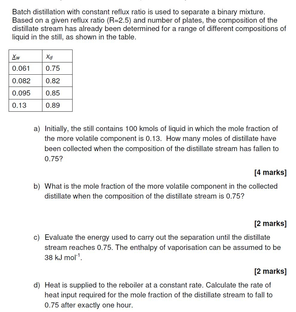 Solved Batch distillation with constant reflux ratio is used | Chegg.com