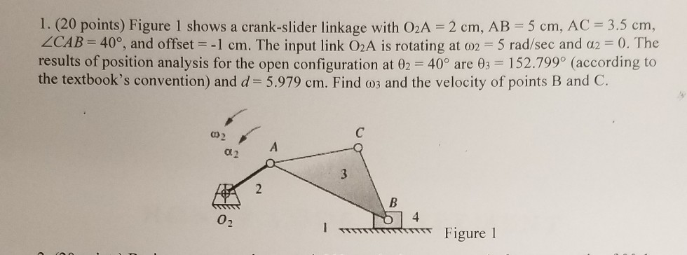 Solved 1. (20 points) Figure 1 shows a crank-slider linkage | Chegg.com