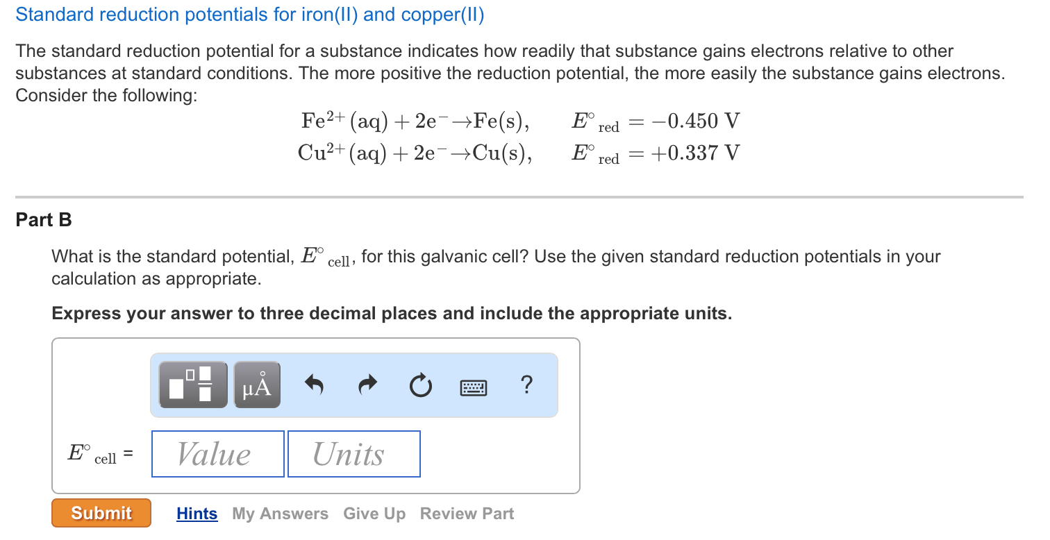 Solved The standard reduction potential for a substance | Chegg.com