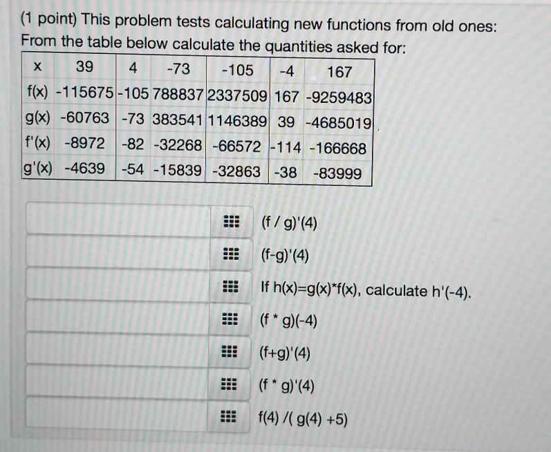 Solved (1 point) This problem tests calculating new | Chegg.com