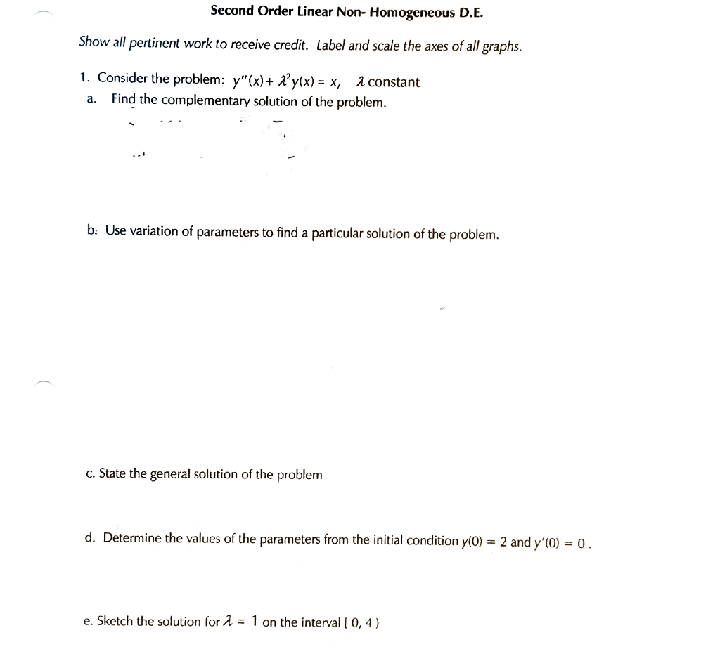 Solved Second Order Linear Non- Homogeneous D.E. Show all | Chegg.com