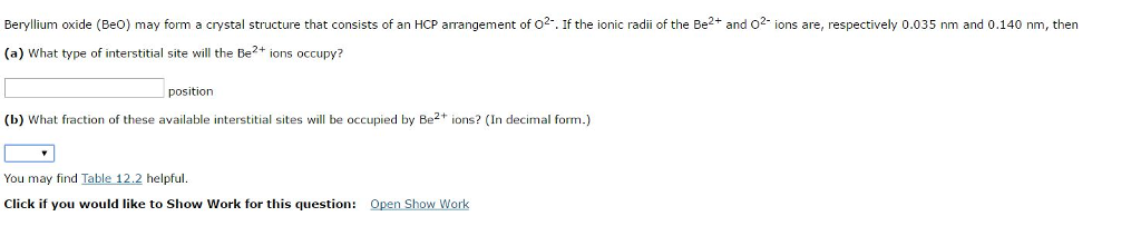 Solved Beryllium oxide (BeO) may form a crystal structure | Chegg.com