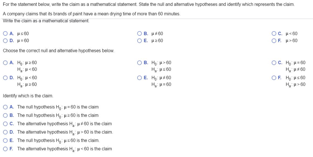 Solved For the statement below, write the claim as a | Chegg.com