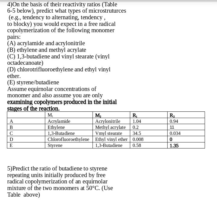 Solved On the basis of their reactivity ratios (Table 6-5 | Chegg.com