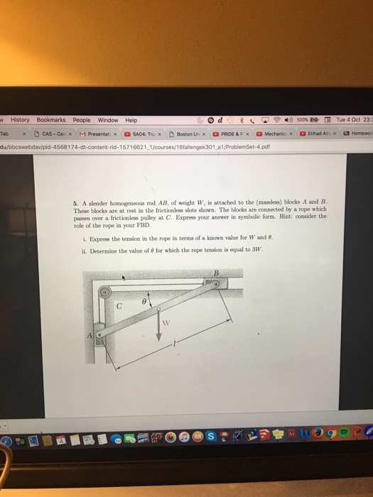 Solved A slender homogeneous rod AB, of weight W, is | Chegg.com