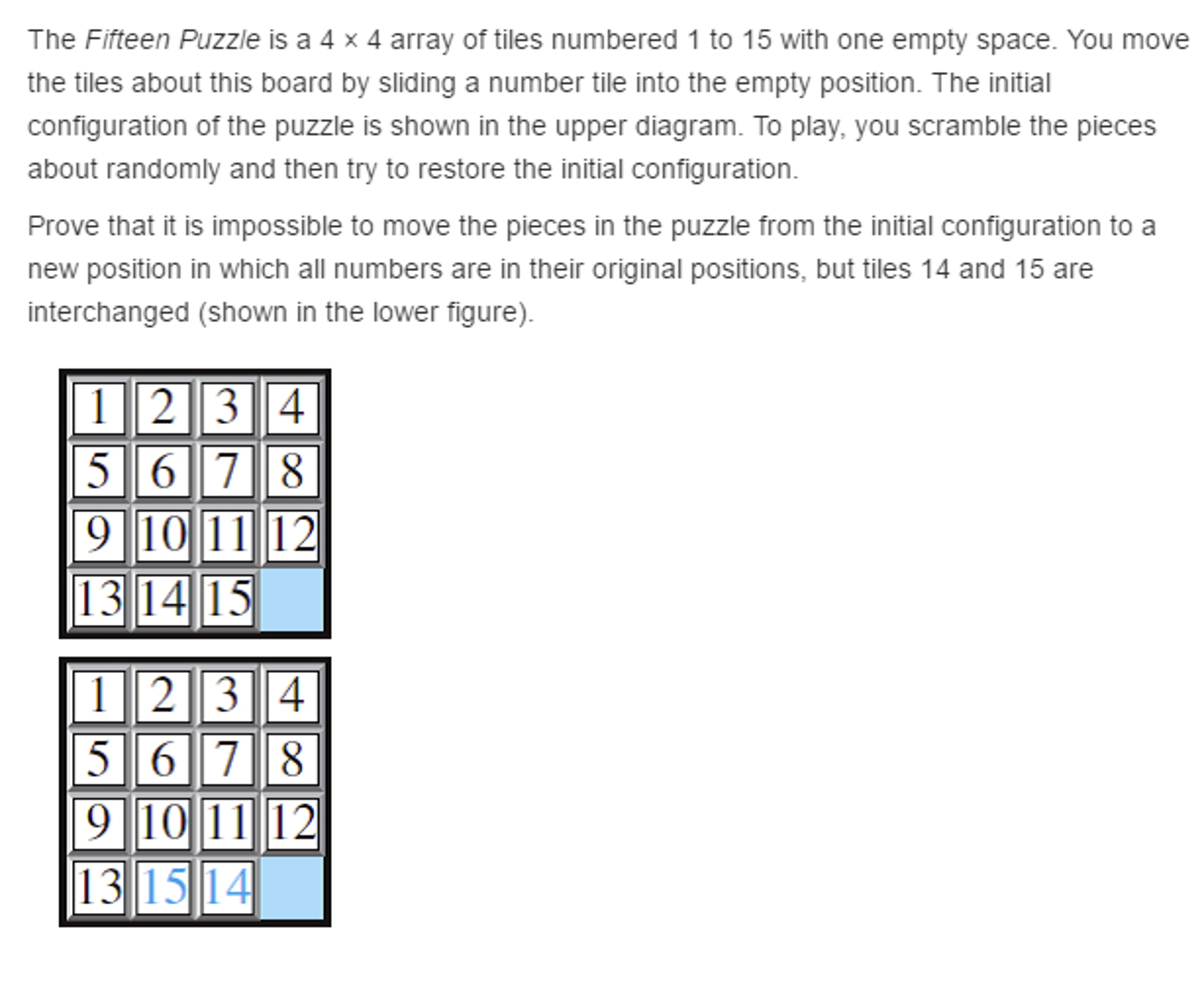 The Fifteen Puzzle is a 4 times 4 array of tiles | Chegg.com
