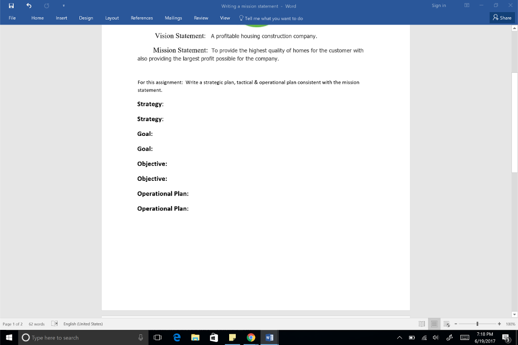 Vision Statement: A profitable housing construction | Chegg.com