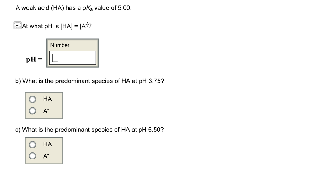 Solved A weak acid (HA) has a pKa value of 5.00. At what pH | Chegg.com