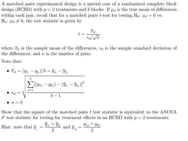 A matched pairs experi design (RCBD) with p = 2 | Chegg.com