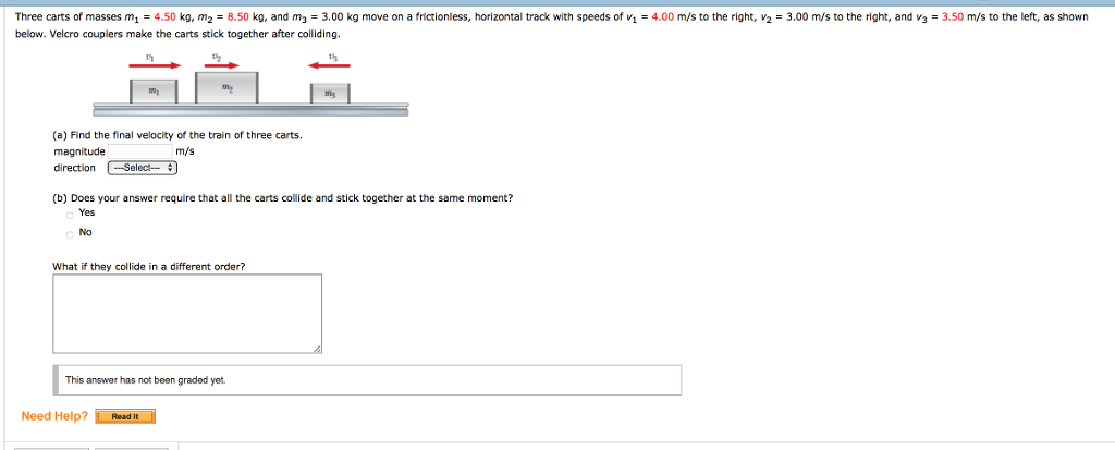 Solved Three carts of masses m1 = 4.50 kg, m2 = 8.50 kg, and | Chegg.com