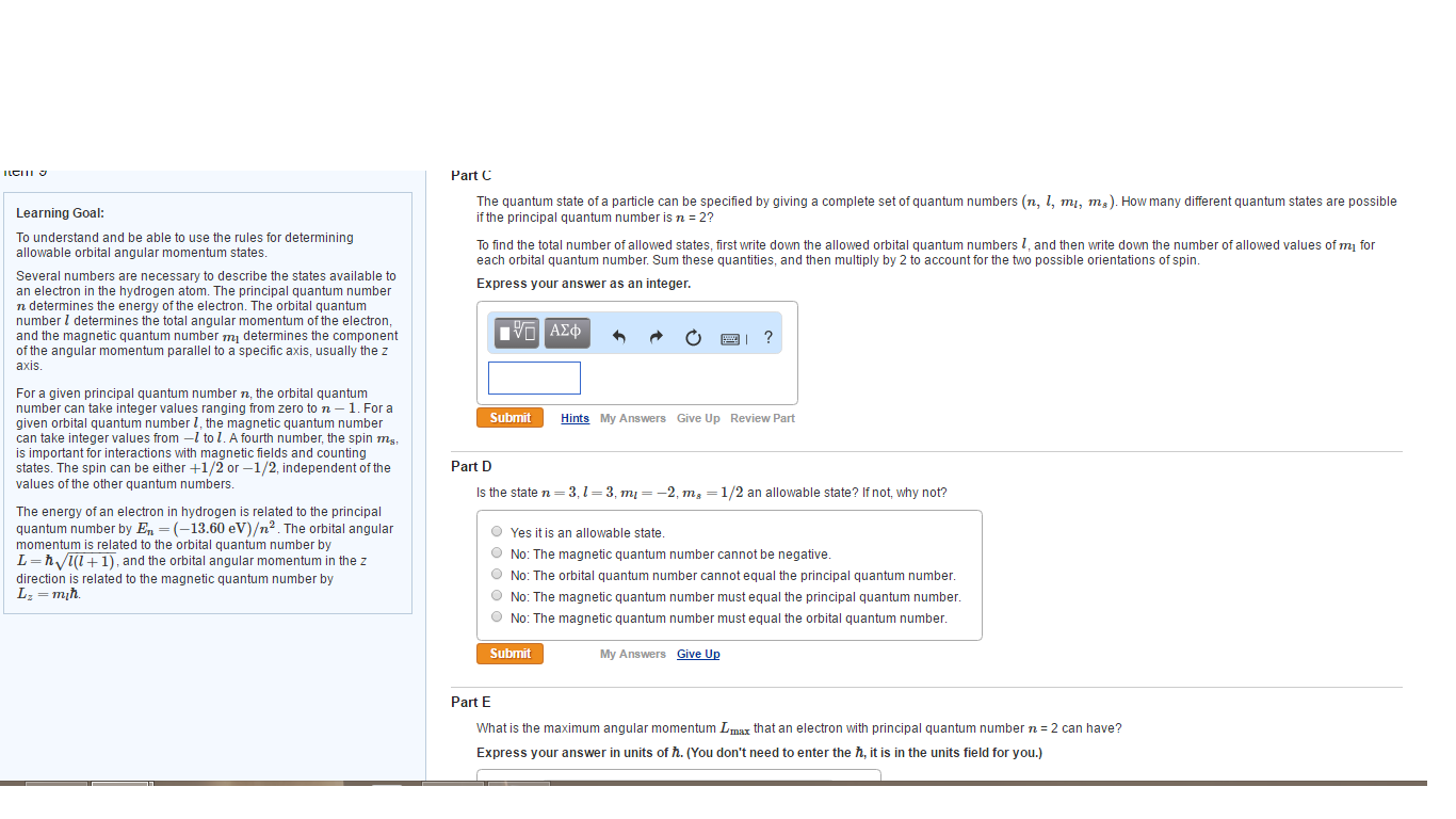 Solved Part B How many values of ml are possible for | Chegg.com