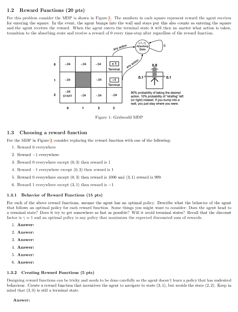 1.2 Reward Functions (20 pts) For this problem | Chegg.com