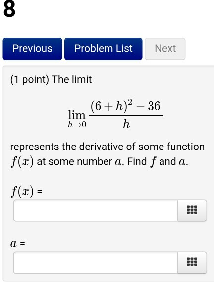Solved The limit lim_h rightarrow 0 (6 + h)^2 - 36/h | Chegg.com