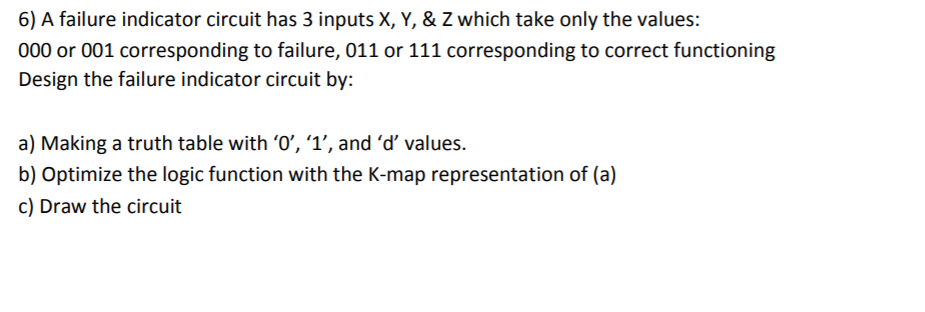 Solved 6) A failure indicator circuit has 3 inputs X, Y, & Z | Chegg.com