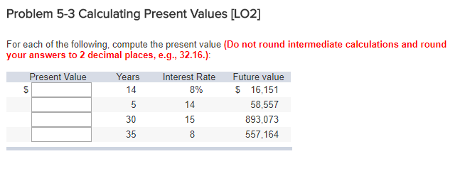 Solved Problem 5-3 Calculating Present Values [LO2] For each | Chegg.com