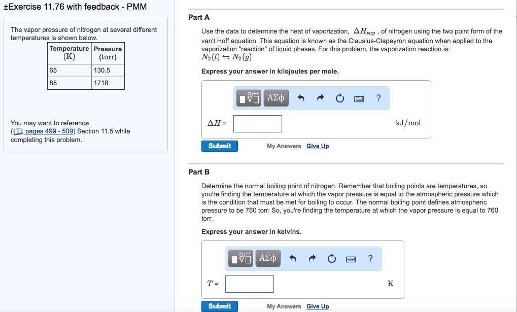 Solved The vapor pressure of nitrogen at several different | Chegg.com