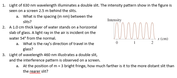 Solved 1. Light of 630 nm wavelength illuminates a double | Chegg.com