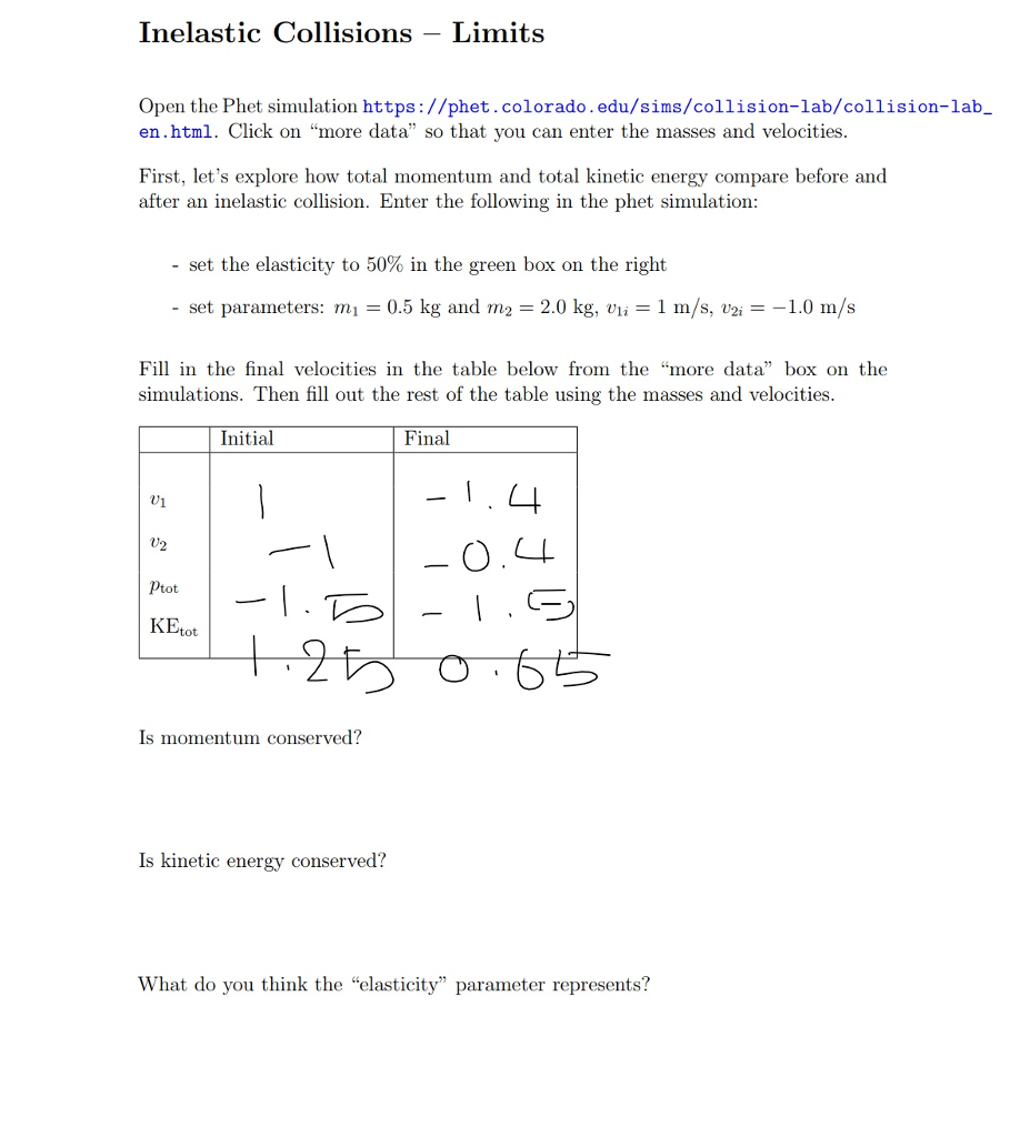 Solved Inelastic Collisions - Limits Open the Phet | Chegg.com