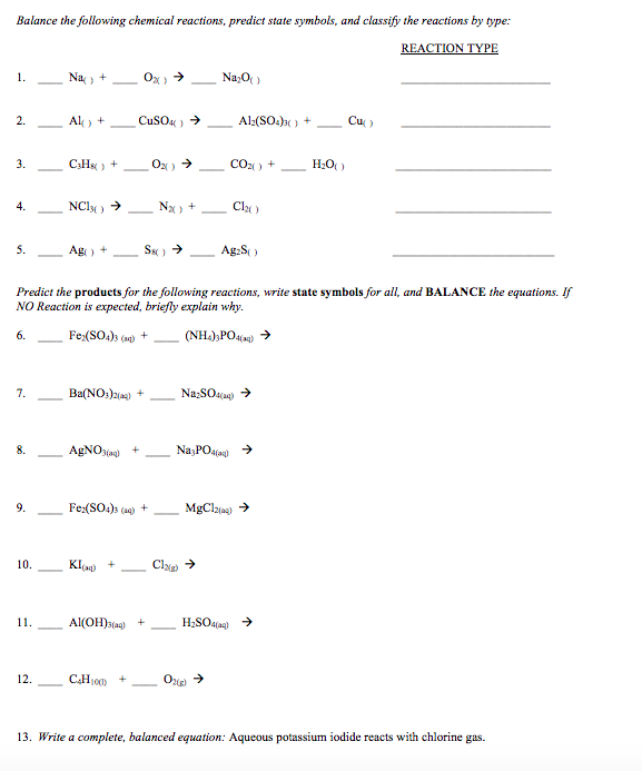 Solved Balance the following chemical reactions, predict | Chegg.com