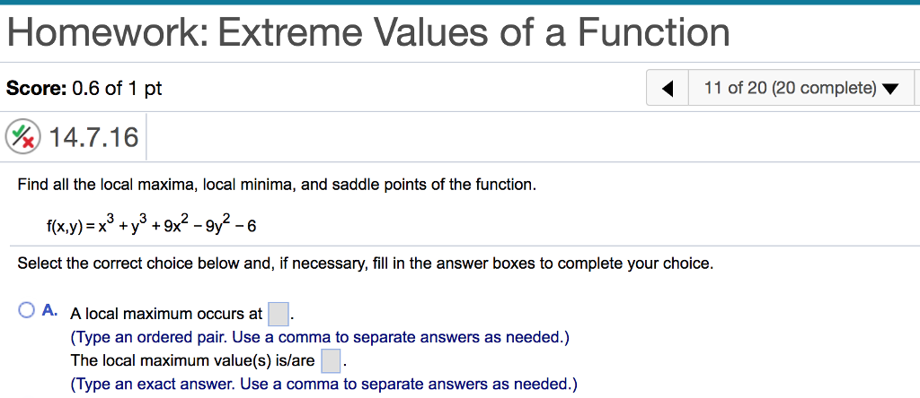Solved Homework: Extreme Values of a Function Score: 0.6 of | Chegg.com