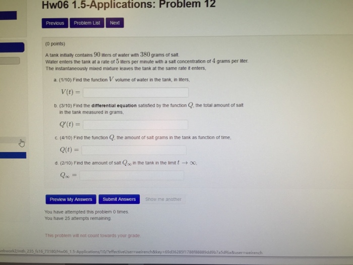 Solved A tank initially contains 90 liters of water with 380 | Chegg.com