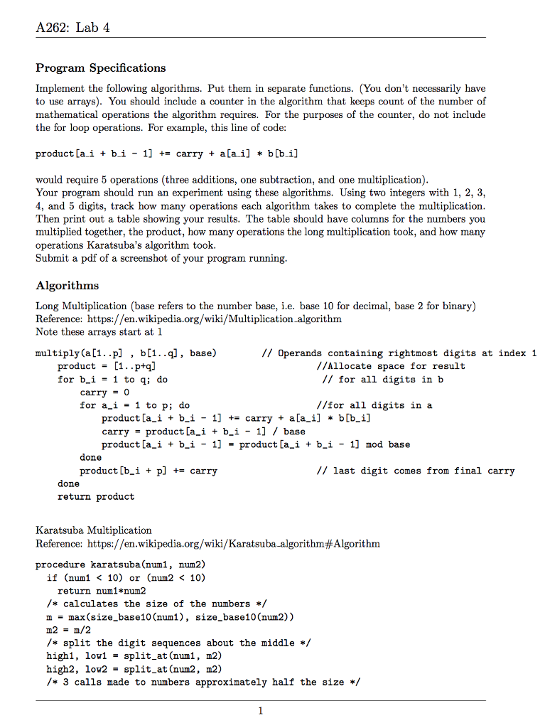 Solved A262: Lab 4 Program Speciications Implement the | Chegg.com