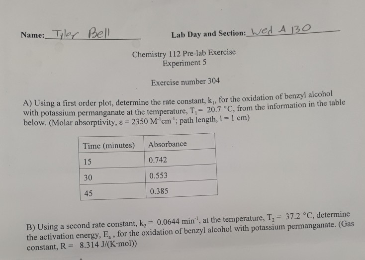 Solved Name: Tle Bel Lab Day and Section: Wed A B Chemistry | Chegg.com
