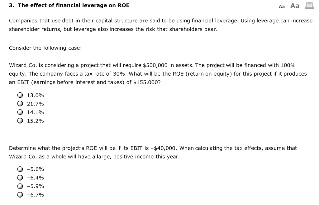 Solved 3. The effect of financial leverage on ROE Aa Aa | Chegg.com