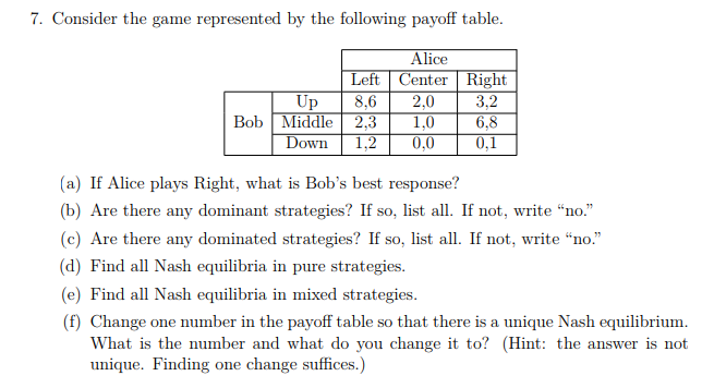 Solved 7. Consider the game represented by the following | Chegg.com