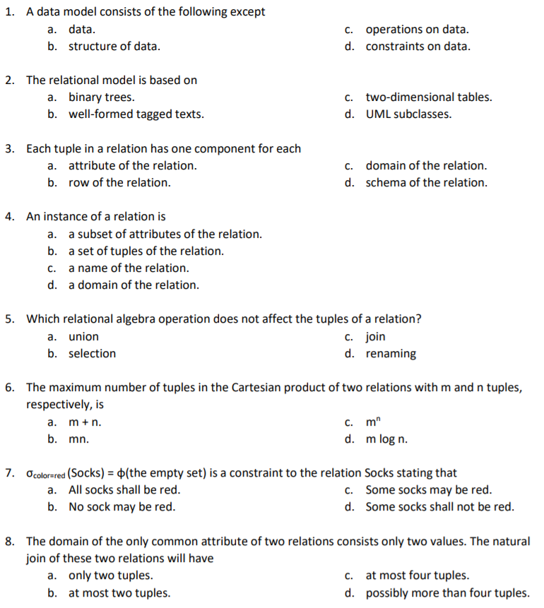Solved 1. A data model consists of the following except a. | Chegg.com