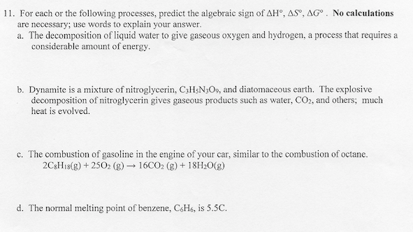 Solved 11 . For each or the following processes, predict the | Chegg.com