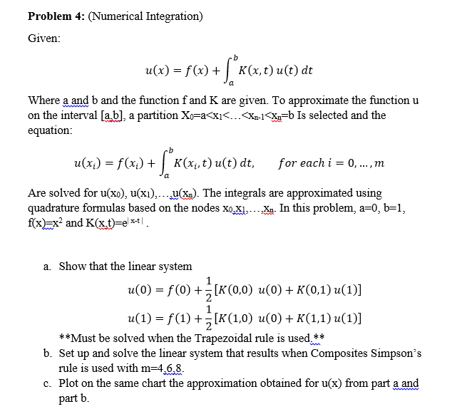 Given: u (x) = f (x) + integral^b_a K (x, t) u (t) dt | Chegg.com