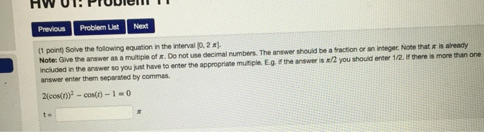 Solved Solve the following equation in the interval [0, 2 | Chegg.com