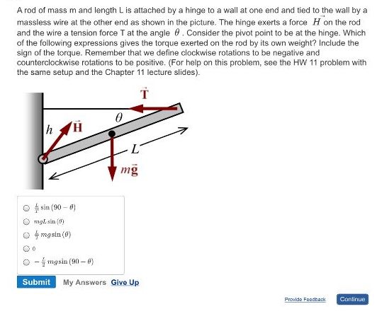 Solved A rod of mass m and length L is attached by a hinge | Chegg.com