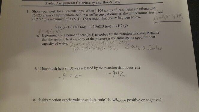 Solved Prelab Assignment: Calorimetry and Hess's Law I. Show | Chegg.com