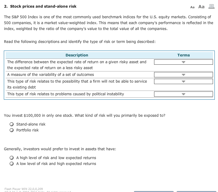 2. Stock prices and stand-alone risk Aa Aa The S&P | Chegg.com