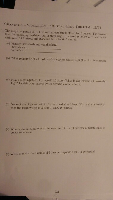 Solved CHAPTER 8 WORKsHEET CENTRAL LIMIT THEOREM (CLT) 1. | Chegg.com