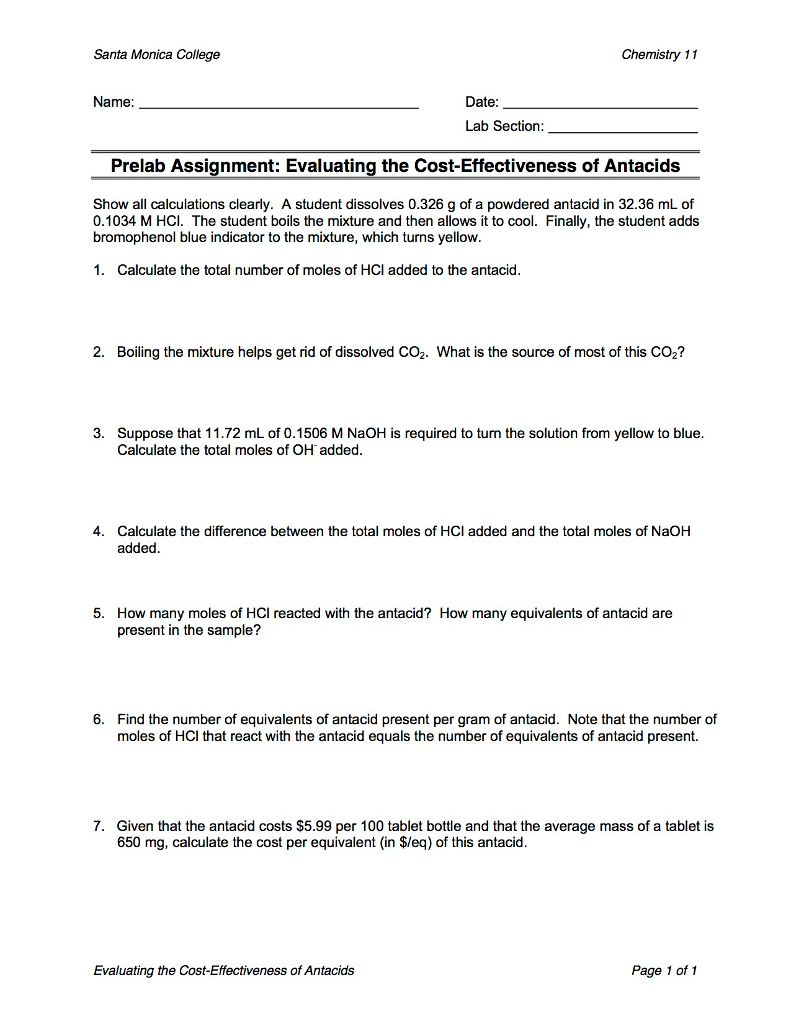 Solved Santa Monica College Chemistry 11 Name: Date: Lab | Chegg.com